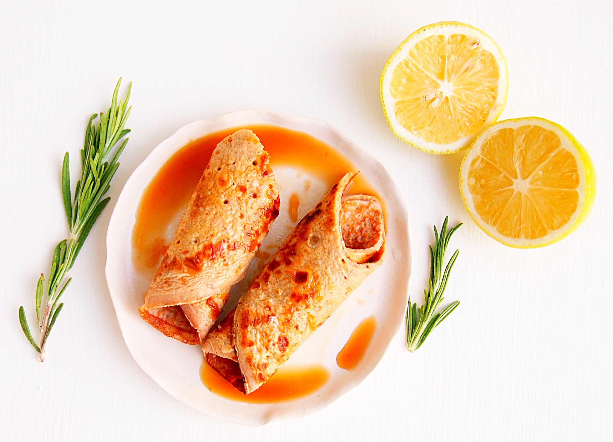 Chestnut pancakes with cashew & orange cream & rosemary drizzle | Irma ...